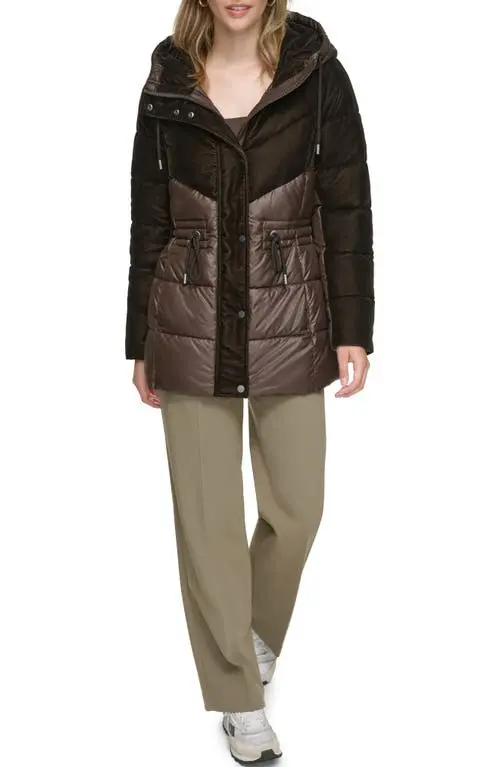 Andrew Marc Velvet Panel Hooded Puffer Jacket - Chocolate