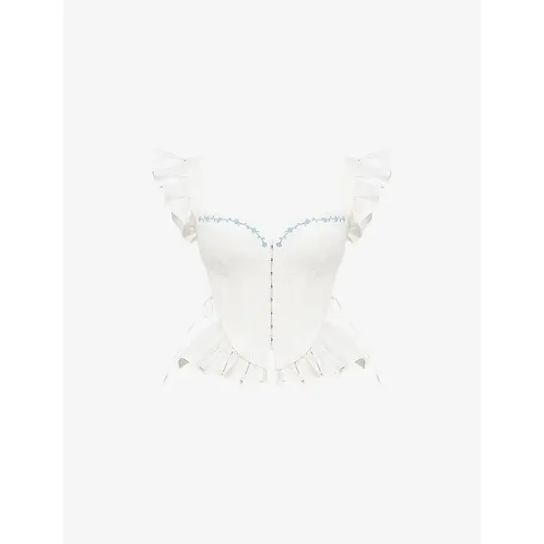 House Of Cb Floral-embroidered Cotton Corset Top - White Embroidered