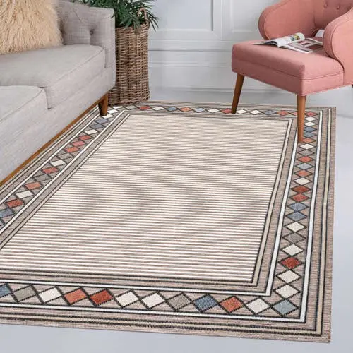 JONATHAN Y Sebastian High-low Modern Diamond Border Indoor/outdoor Area Rug - Brown/ivory