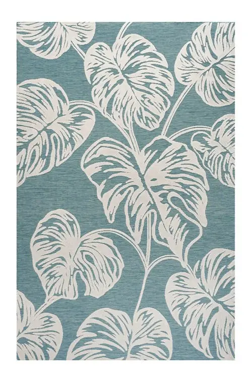 JONATHAN Y Tobago High-low Two-tone Monstera Leaf Indoor/outdoor Area Rug - Blue/ivory