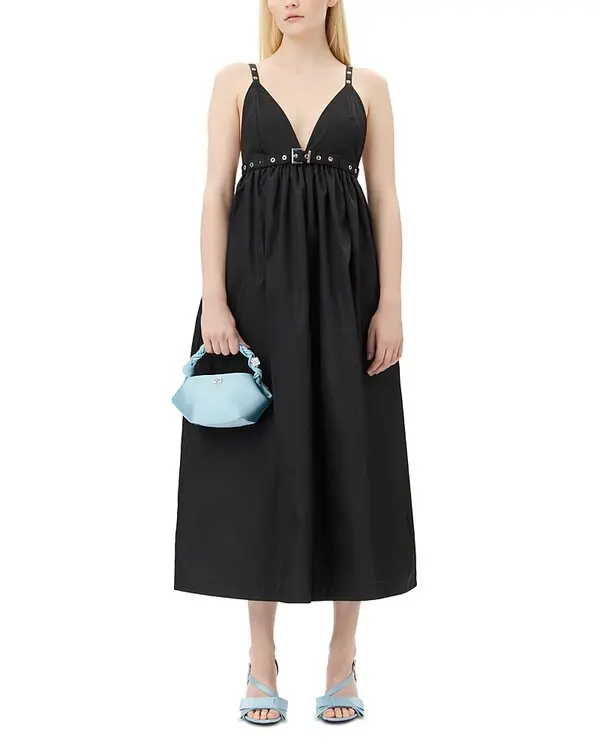 GANNI Duchesse Spaghetti Strap Dress With Buckle Detail - Black