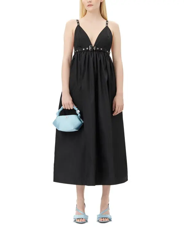 GANNI Duchesse Spaghetti Strap Dress With Buckle Detail - Black