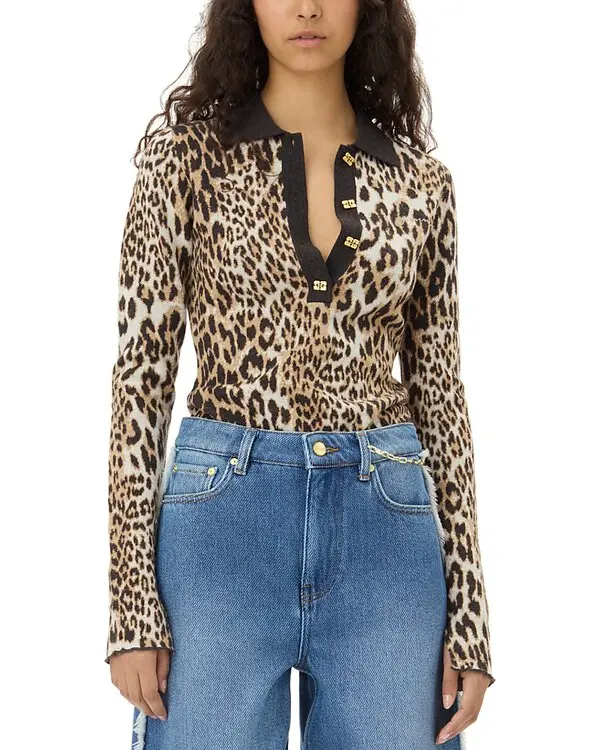 GANNI Print Merino Wool Polo - Leopard