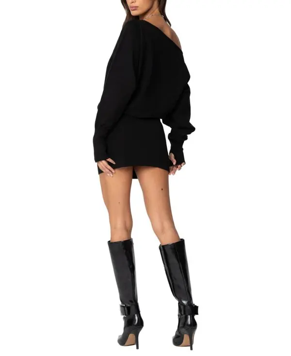 EDIKTED Eve Off Shoulder Knit Mini Dress - Black