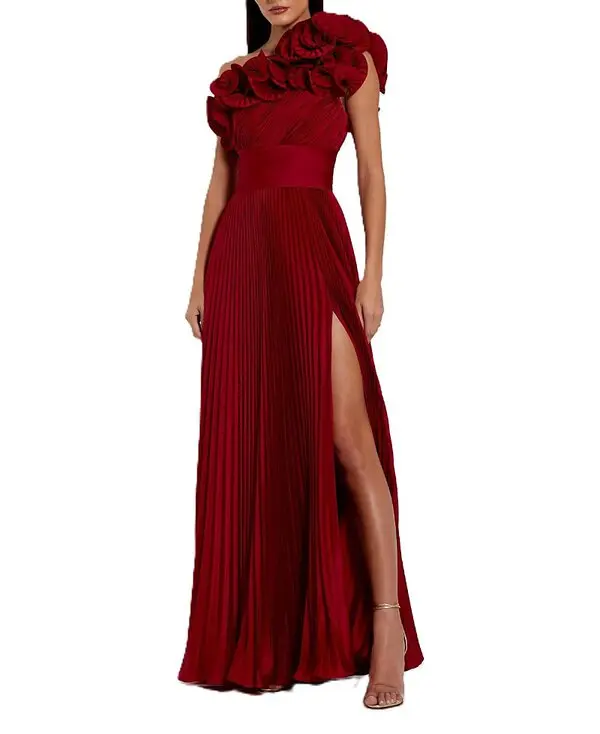 Mac Duggal Pleated Charmeuse One Shoulder Ruffle Gown - Red