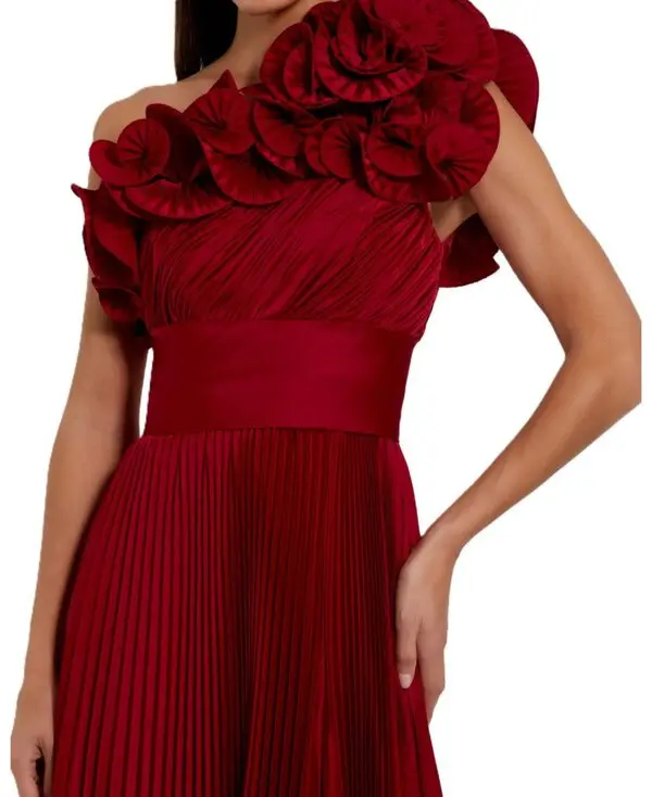Mac Duggal Pleated Charmeuse One Shoulder Ruffle Gown - Red