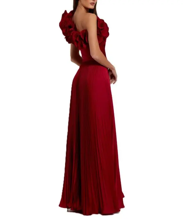 Mac Duggal Pleated Charmeuse One Shoulder Ruffle Gown - Red