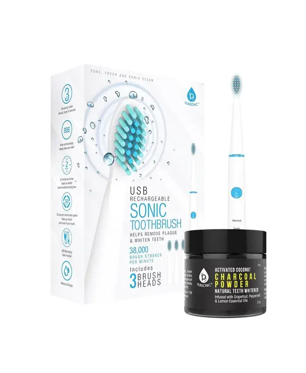 PURSONIC Usb Rechargeable Electric Toothbrush + Freebie Activated Coconut Charcoal Powder Natural Teeth Whitener - White