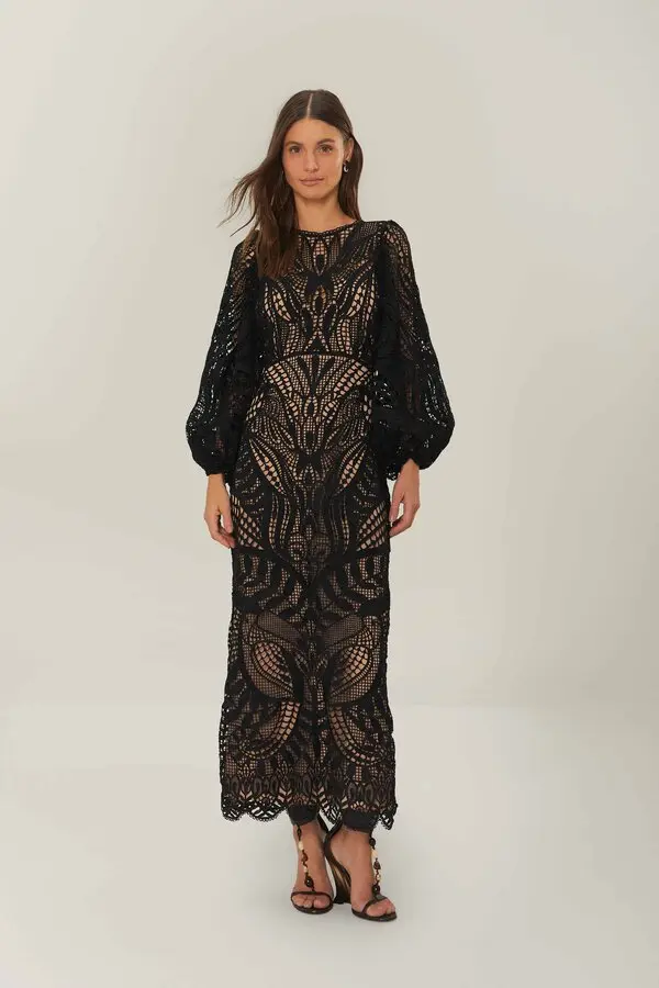 farm rio dark green guipure long sleeve maxi dress Black Morada Boa Guipure Maxi Dress – FARM Rio
