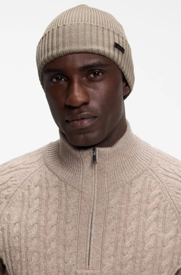 Hugo Boss Fati Wool Ribbed Knit Beanie - Open Brown