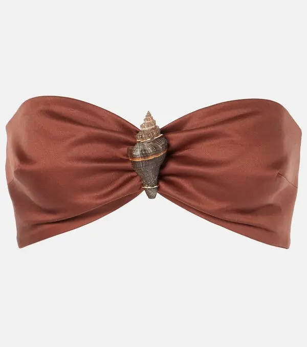 ADRIANA DEGREAS Shell Embellished Cotton-blend Bra Top - Brown