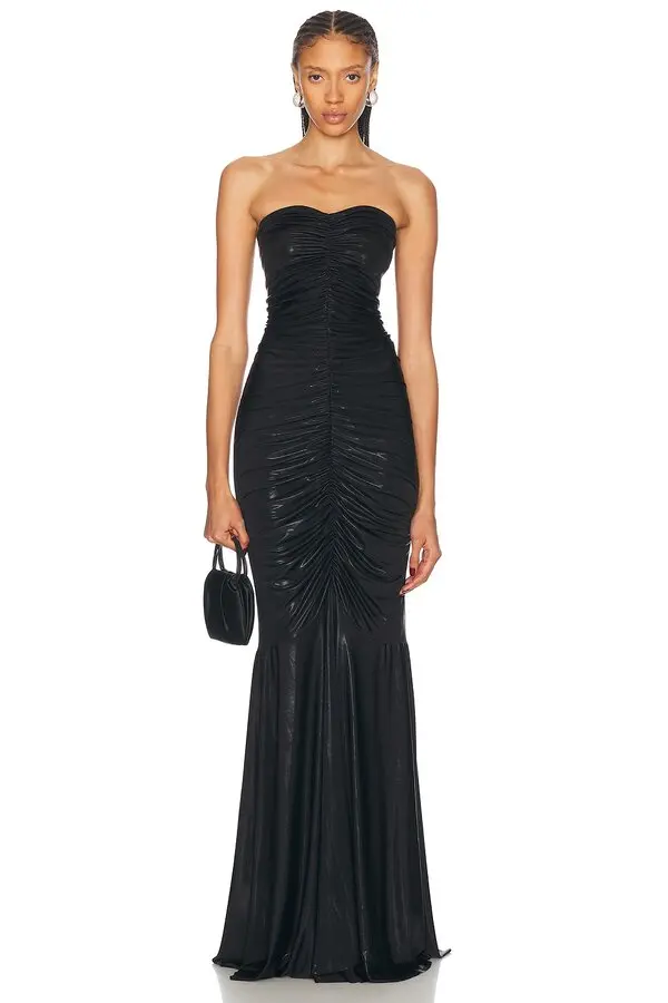 Norma Kamali Strapless Shirred Front Fishtail Gown - Black