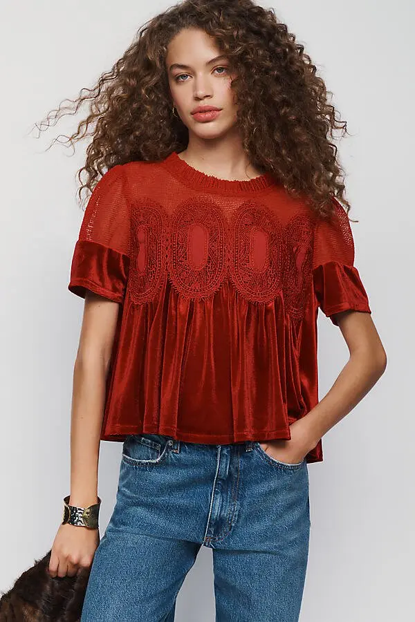 EN ELLY Velvet Scallop Top - Berry