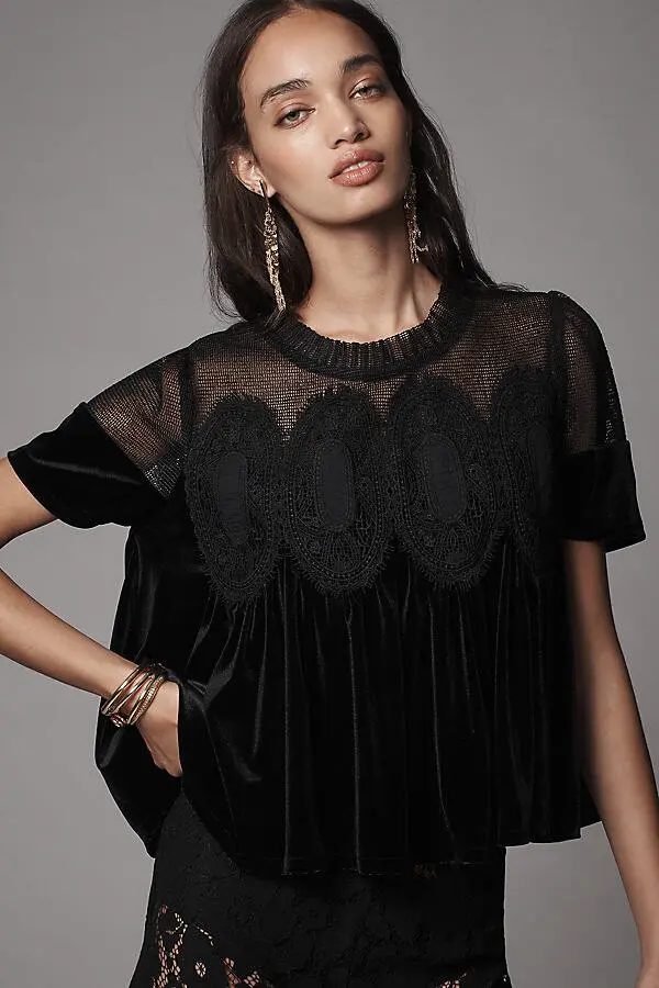 EN ELLY Velvet Scallop Top