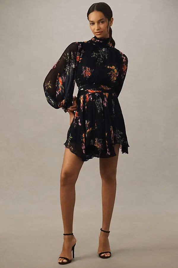Bhldn Lior Long-sleeve Turtleneck Chiffon Mini Dress - Black Printed