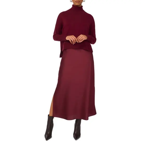 Halogen Turtleneck Sweater Satin Slipdress Set In Zinfandel