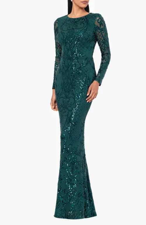 Betsy & Adam Sequin Long Sleeve Mermaid Gown