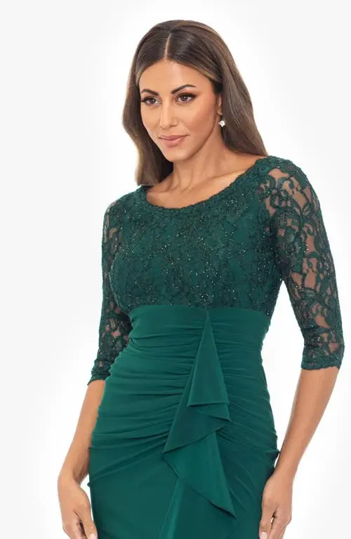 Betsy & Adam Metallic Lace & Chiffon Gown - Pine | Editorialist