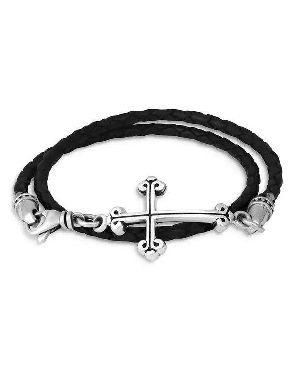 KING BABY STUDIO Braided Leather Double Wrap Bracelet With Cross - Black/silver