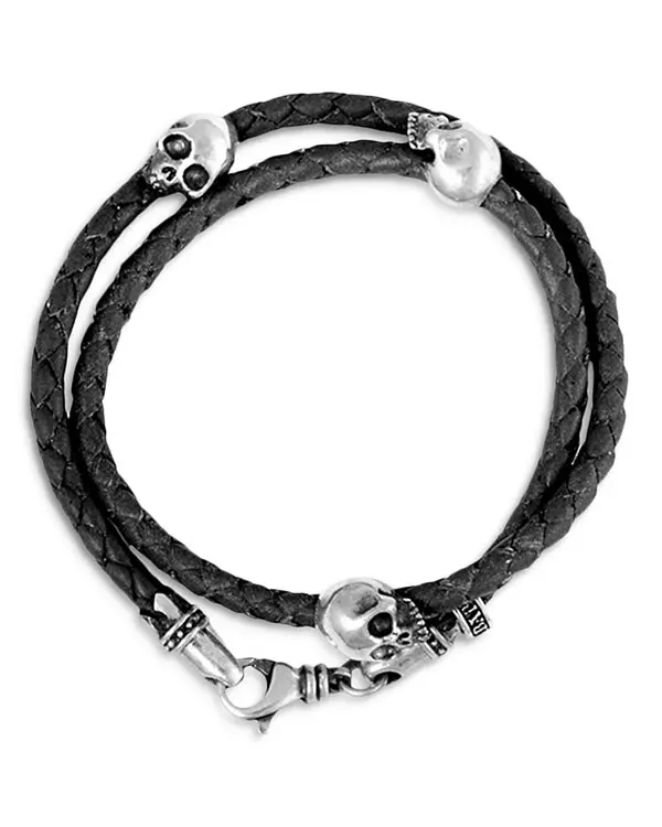 KING BABY STUDIO Hamlet Skulls Braided Double Wrap Leather Bracelet - Black/silver