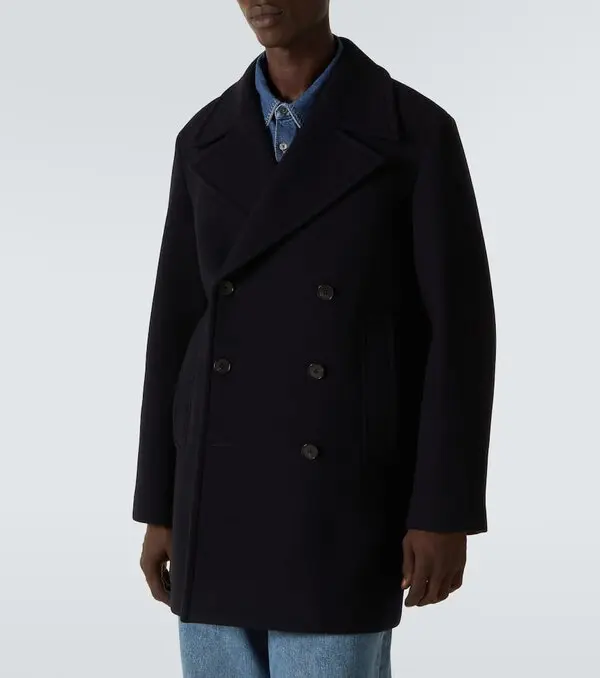 Auralee Wool Melton Pea Coat - Blue | Editorialist