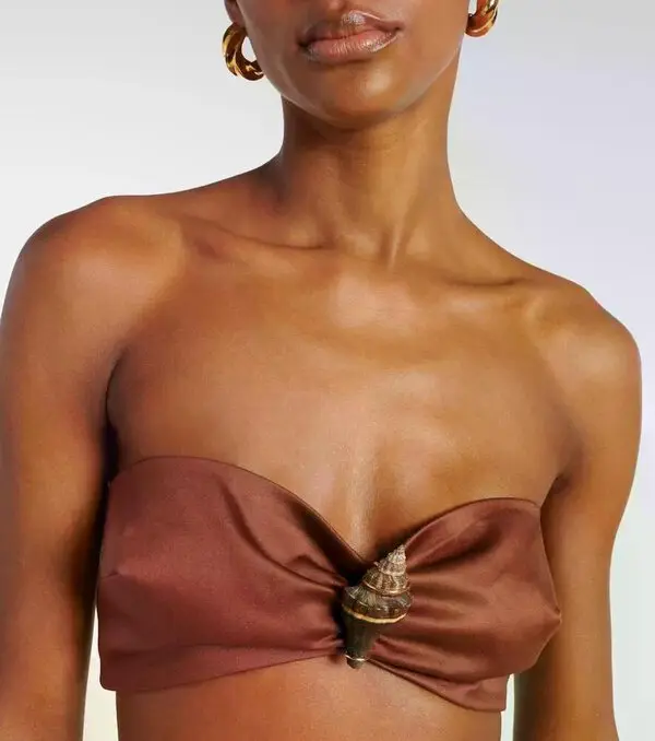 ADRIANA DEGREAS Shell-embellished Cotton-blend Bra Top - Brown