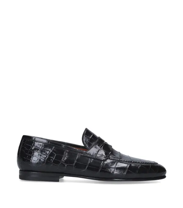 Santoni Crocodile Penny Loafers - Black