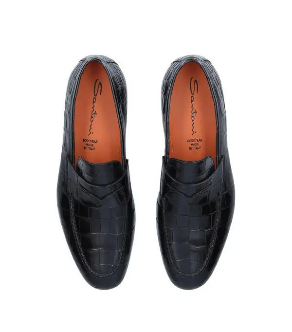Santoni Crocodile Penny Loafers - Black