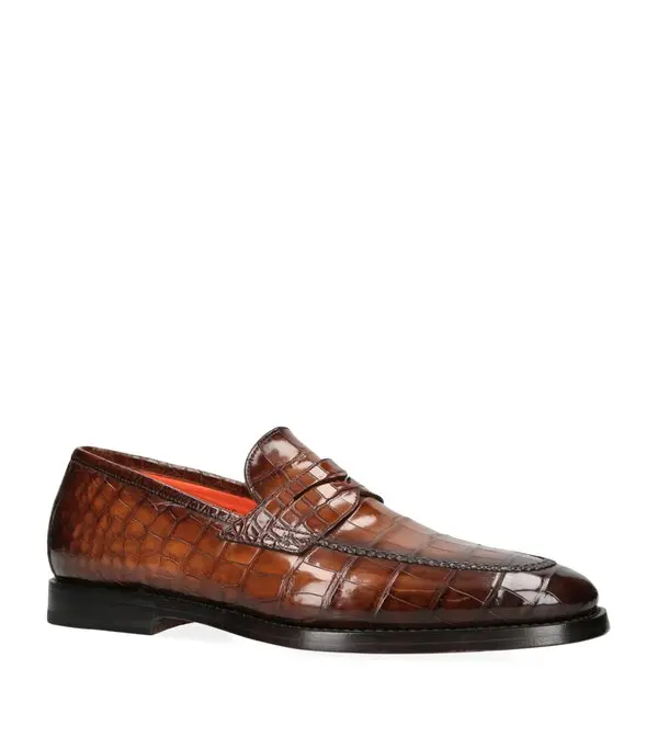 Santoni Crocodile Leather Carlos Penny Loafers - Beige