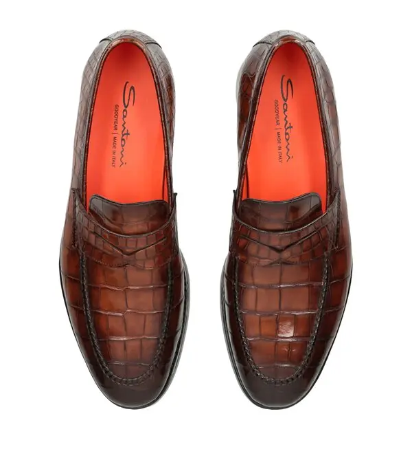 Santoni Crocodile Leather Carlos Penny Loafers - Beige