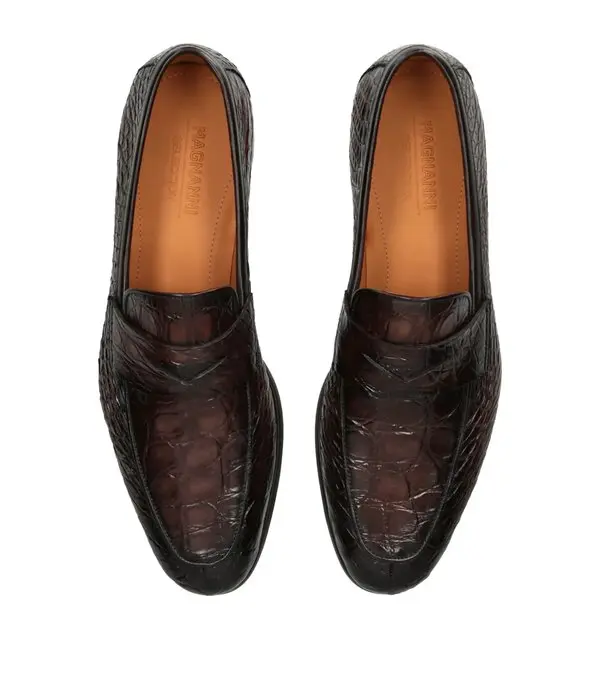 Magnanni Crocodile Leather Penny Loafers - Brown