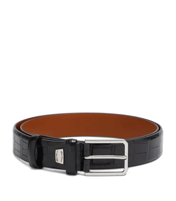 Santoni Croc Effect Leather Belt - Black