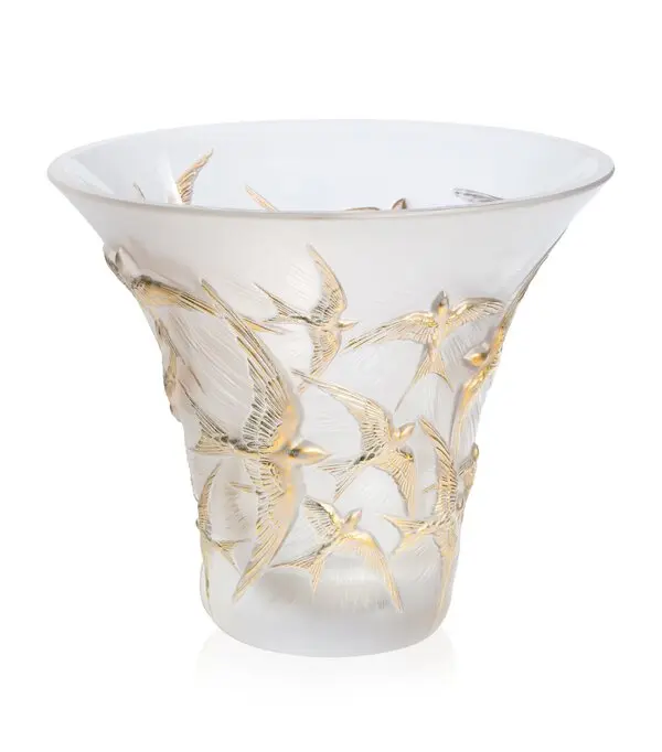 Lalique Crystal Hirondelles Swallow Stamped Vase - Clear