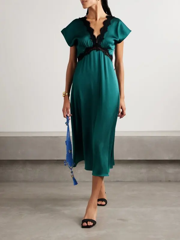 Sea Noa Lace-Trimmed Hammered-Satin Midi Dress In Blue - 50% Off |  Editorialist