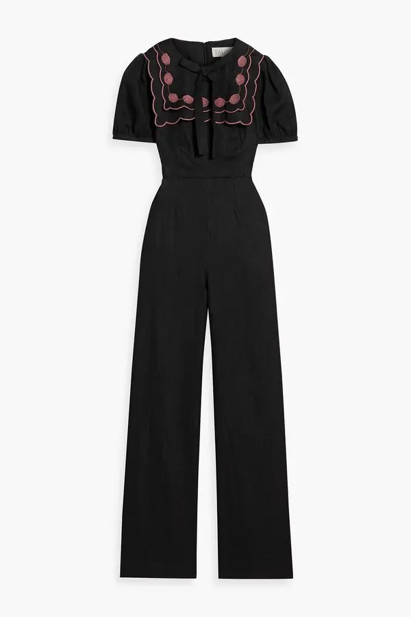 Saloni Marlowe Embroidered Linen Wideleg Jumpsuit - Black