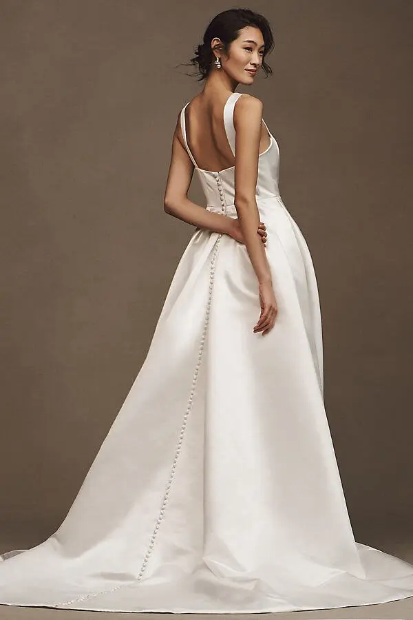 Jenny Yoo Clara Square-Neck Satin A-Line Gown In White 30% Off