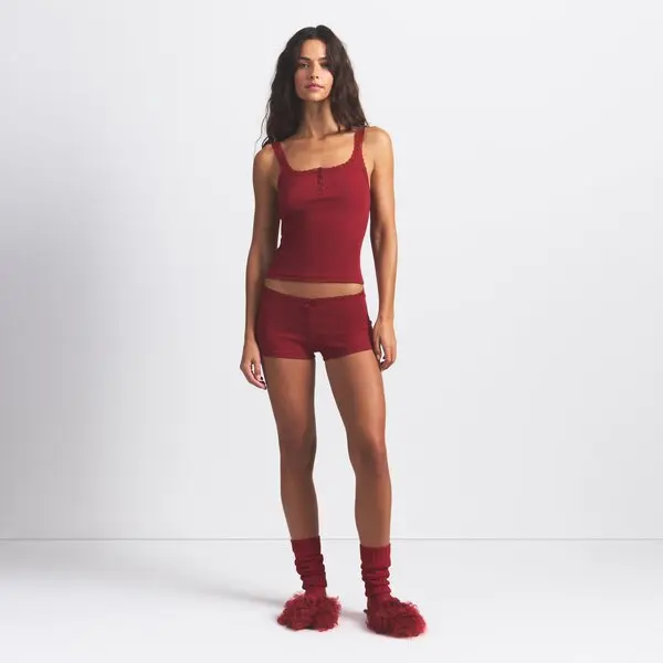 SKIMS Cotton Rib Lace Tank And Short Set - Brick