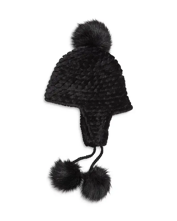 Jocelyn Faux Fur Pom Pom Trapper Hat - Black