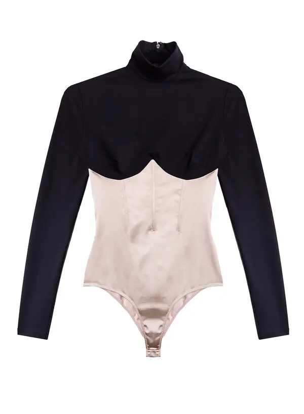 FLEUR DU MAL Mock Neck Long Sleeve Bodysuit - Black Bone