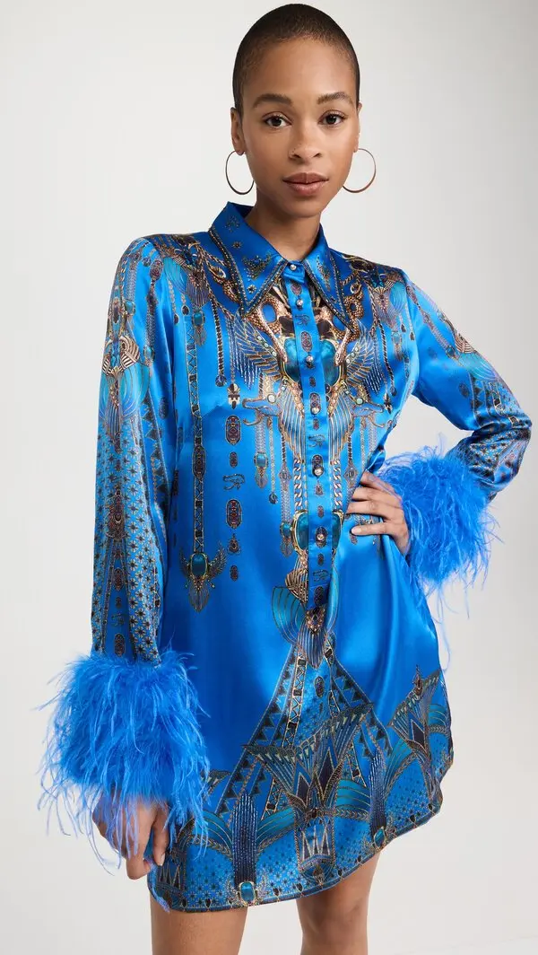 Camilla Mini Shirt Dress With Feather Cuffs In Archival Revival - 60% Off |  Editorialist