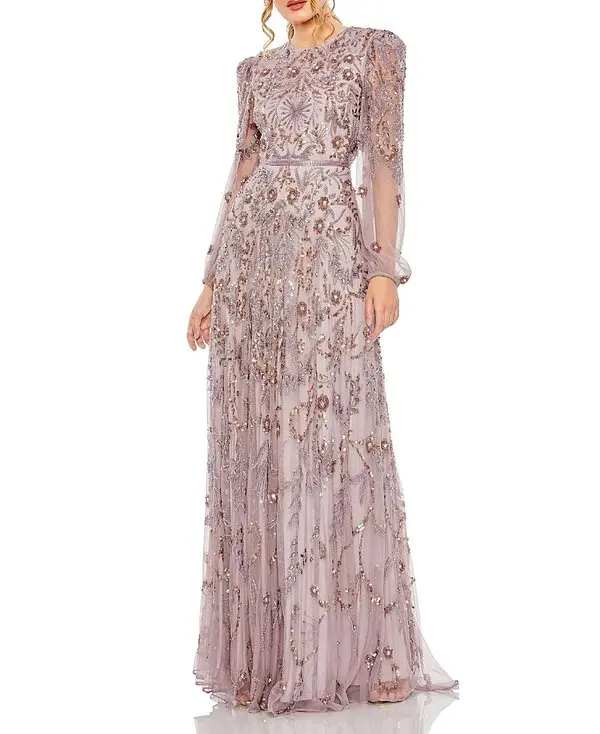 Mac Duggal Puff Sleeve Embellished A-line Gown