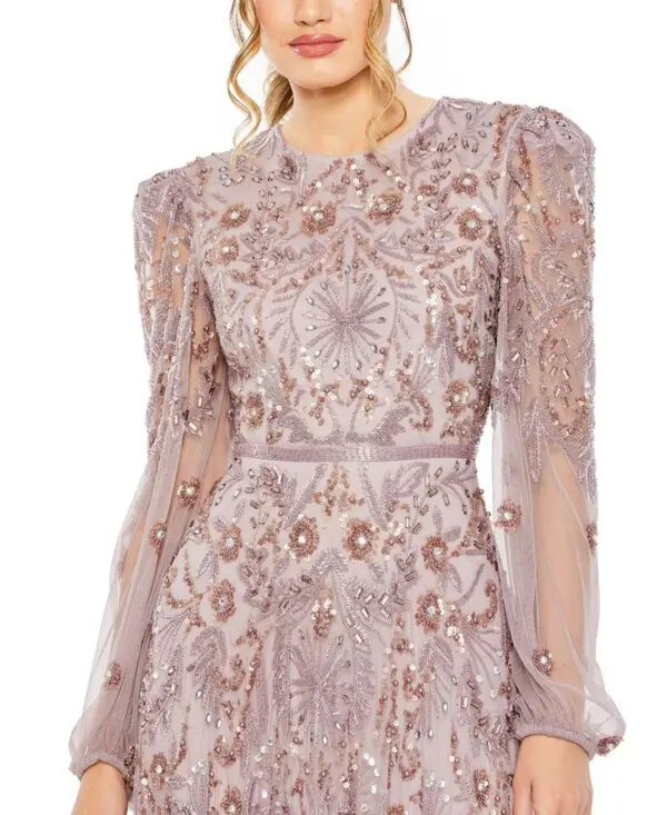 Mac Duggal Puff Sleeve Embellished A-line Gown