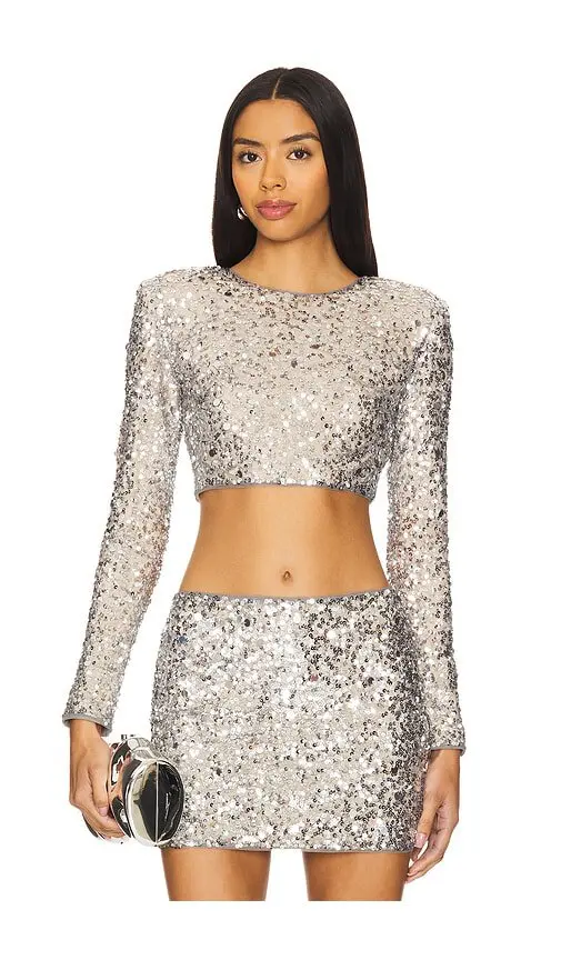LOVERS AND FRIENDS Sequin Cropped Top With Long Sleeves