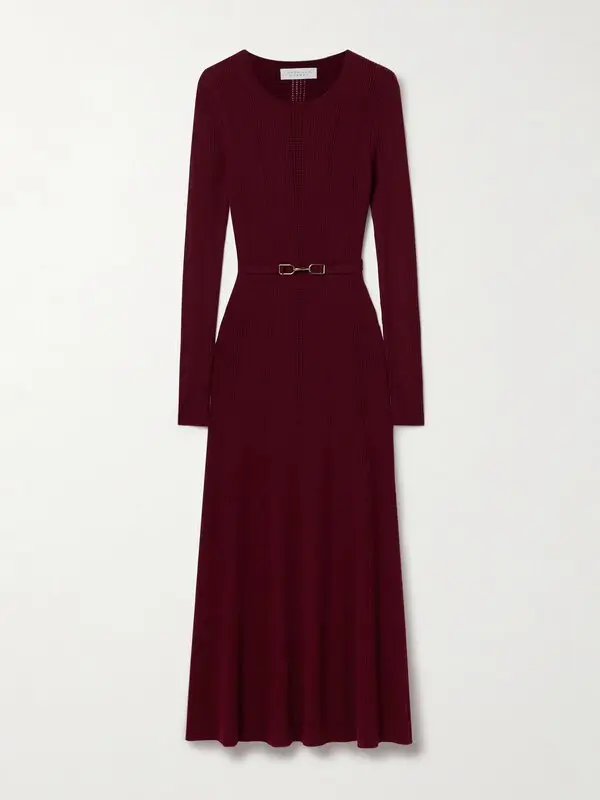 Gabriela Hearst Imagene Belted Ribbed Pointelle-knit Wool Midi Dress - Burgundy