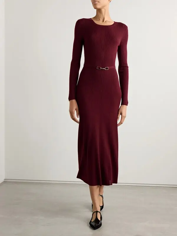 Gabriela Hearst Imagene Belted Ribbed Pointelle-knit Wool Midi Dress - Burgundy