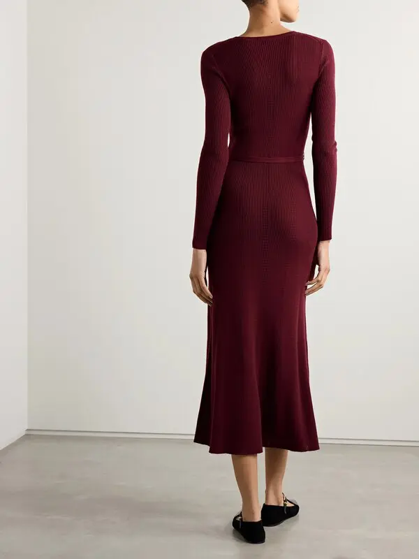 Gabriela Hearst Imagene Belted Ribbed Pointelle-knit Wool Midi Dress - Burgundy
