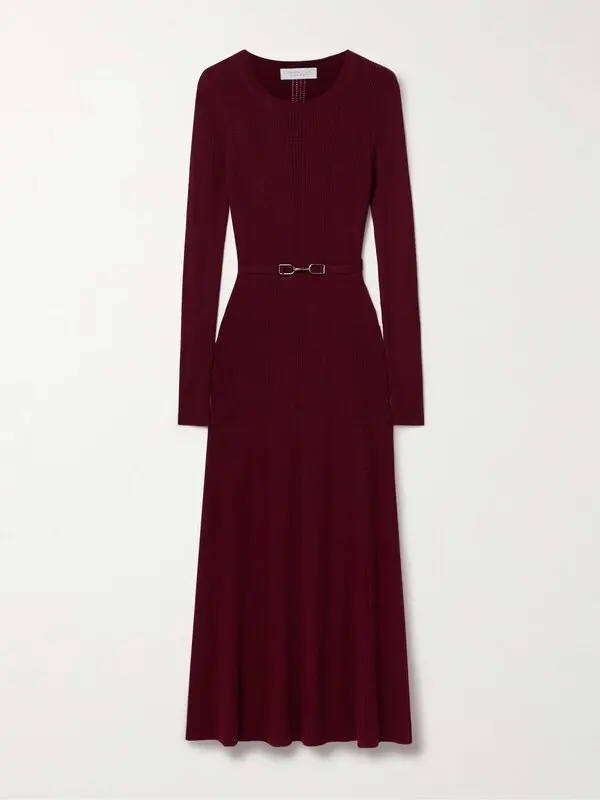 Gabriela Hearst Imagene Belted Ribbed Pointelle-knit Wool Midi Dress - Burgundy