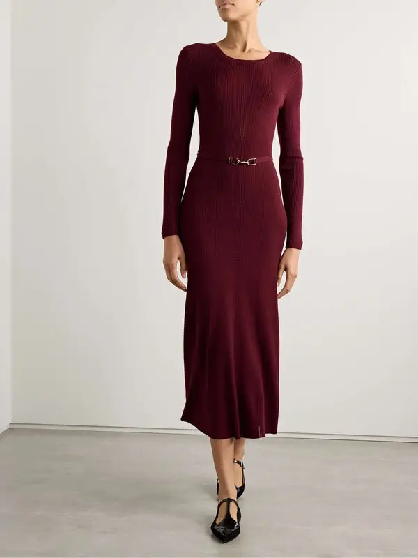 Gabriela Hearst Imagene Belted Ribbed Pointelle-knit Wool Midi Dress - Burgundy