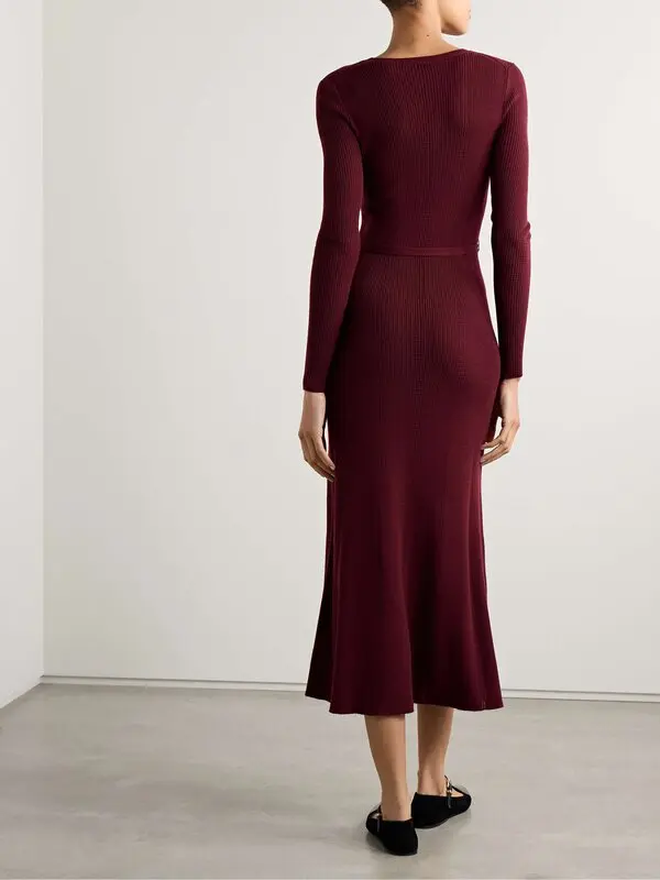 Gabriela Hearst Imagene Belted Ribbed Pointelle-knit Wool Midi Dress - Burgundy
