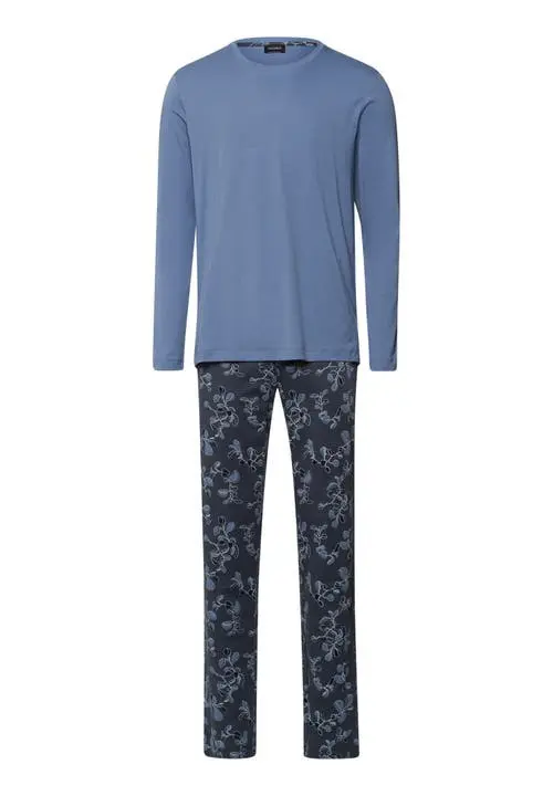 Hanro Night And Day Crew Neck Cotton Pajama Set - Aqua Ink Leaves